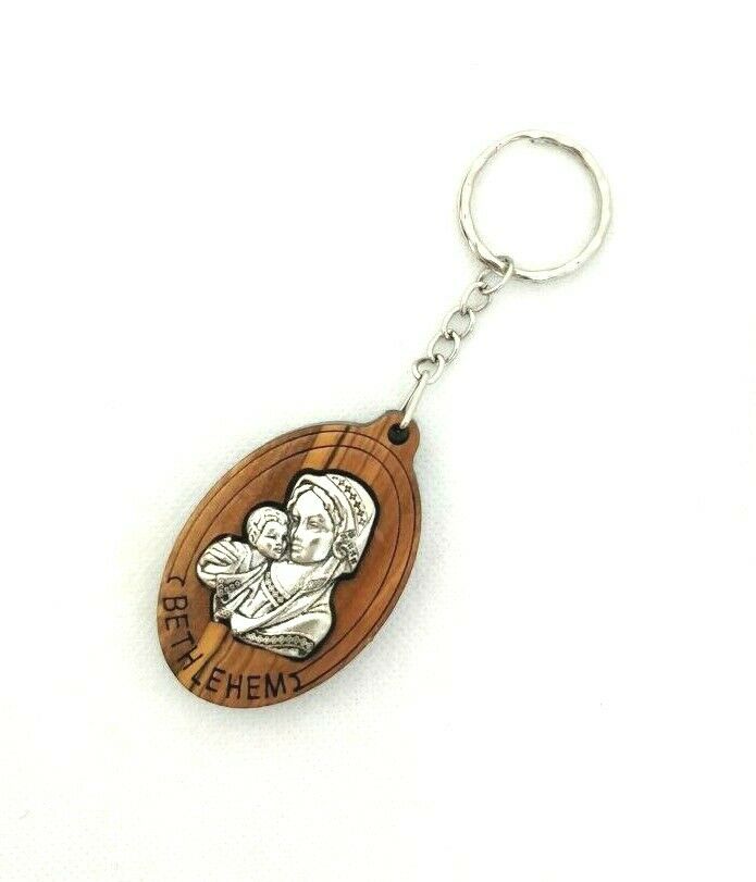 Hand Made Olive Wood Mary & Baby Jesus Key ring, Made in Bethlehem, Th ...