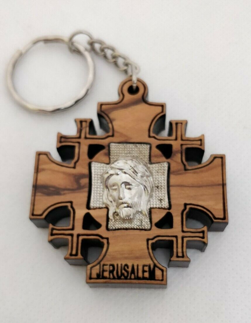 Hand Made Olive Wood Jerusalem Cross,Silver Jesus Face Key ring – The ...
