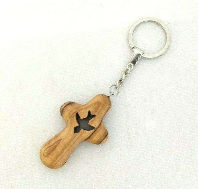 Olive Wood Comfort Cross Engraved Holy Spirit Key ring, Made in the Ho ...